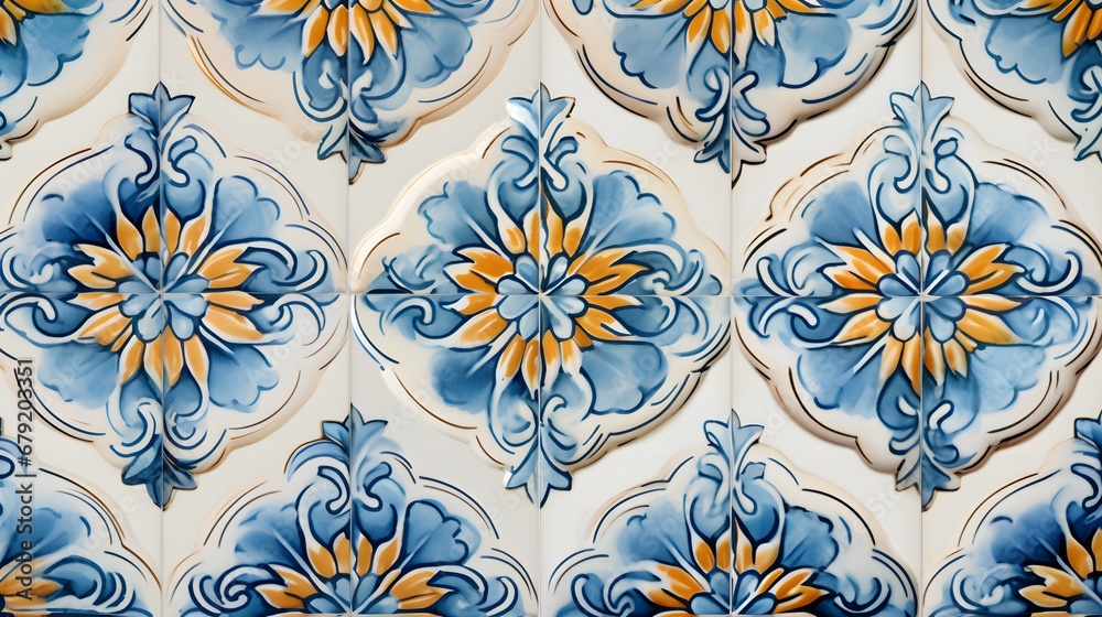 Artistic pattern on tiles made using the majolica technique drawn by ...