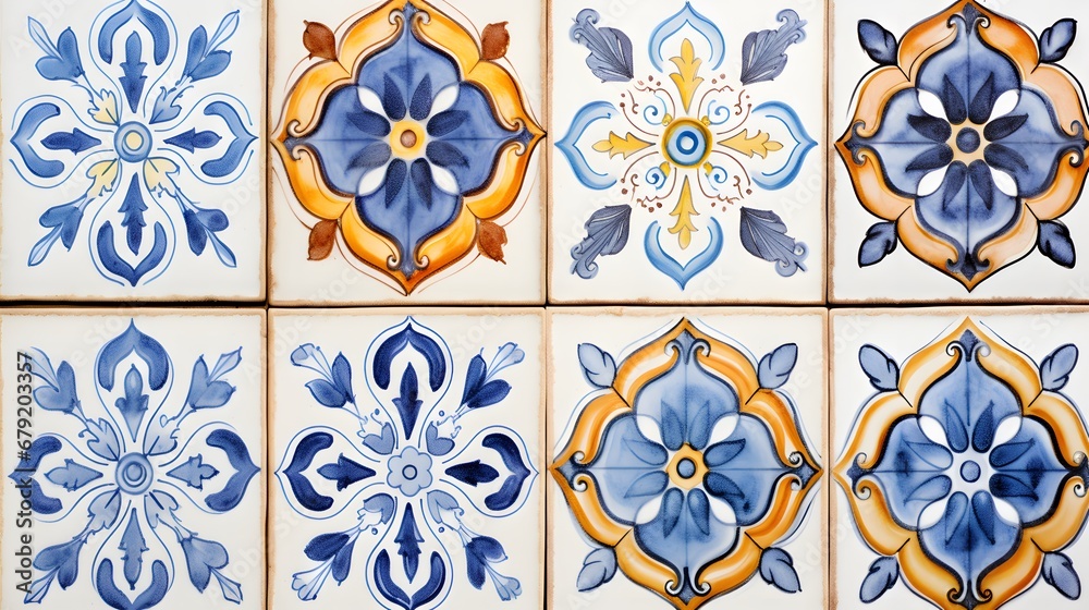 Artistic pattern on tiles made using the majolica technique drawn by ...