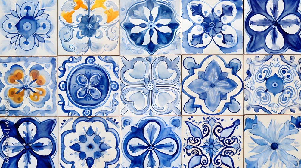 Artistic pattern on tiles made using the majolica technique drawn by ...