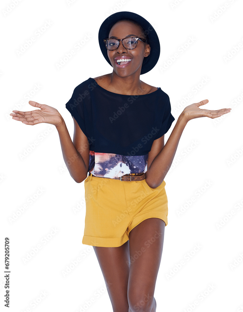Portrait, smile and black woman with choice, comparison and doubt ...