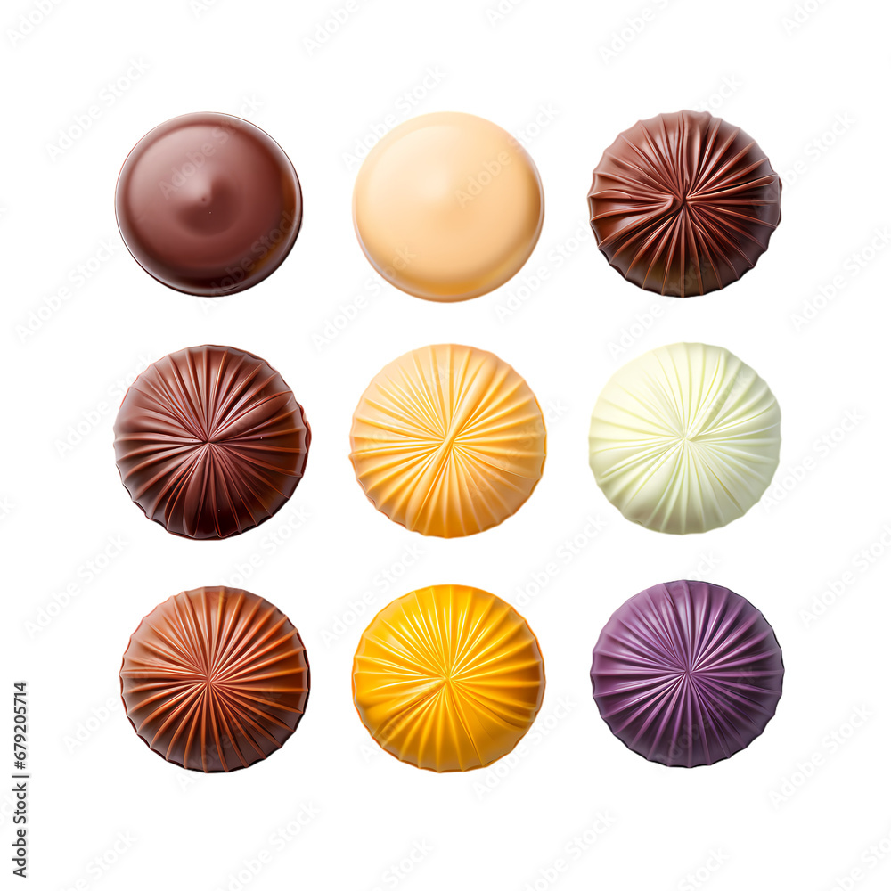 Round colored chocolate pralines on transparent background, white ...