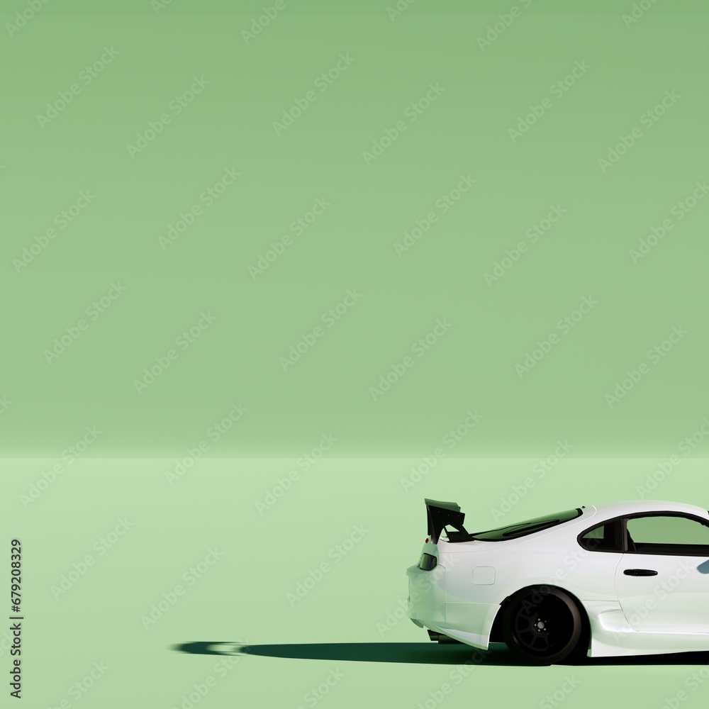 4K Square side view agle a white metalic supercar with green pastel ...