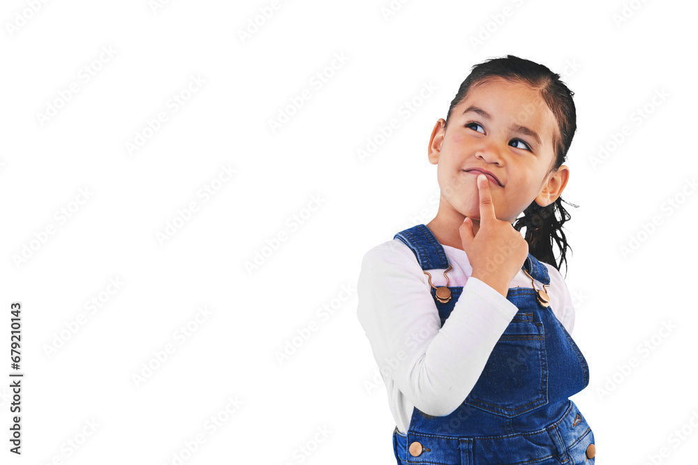 Thinking, kid and girl with idea, decision and problem solving isolated ...