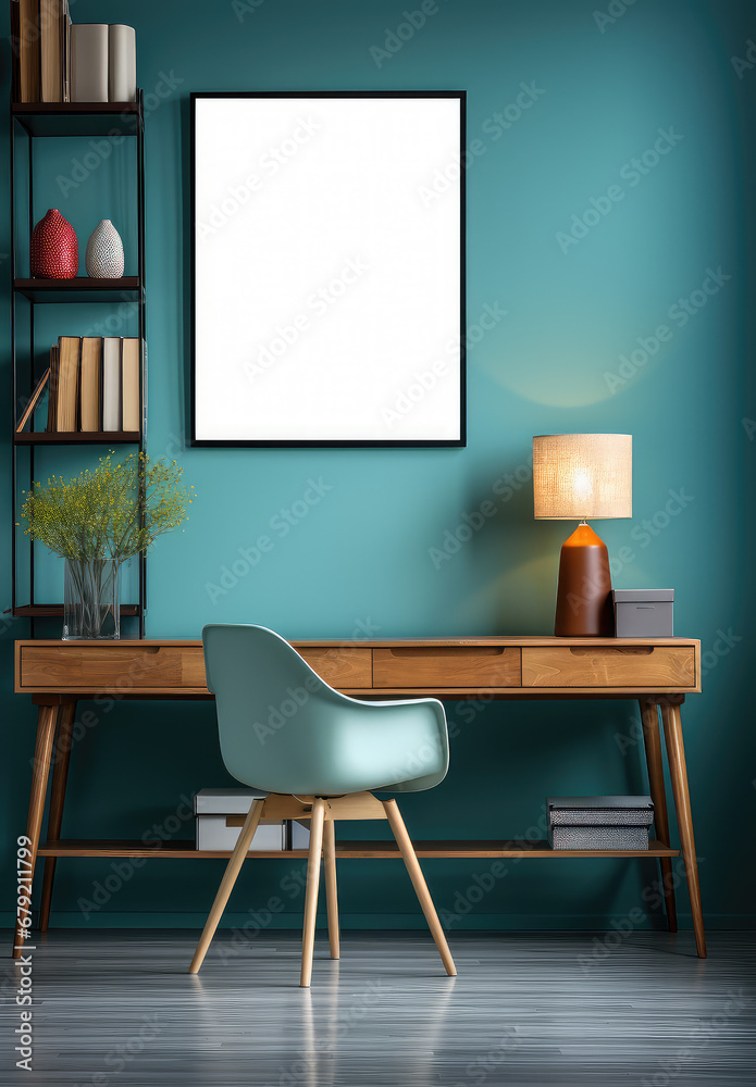 cadre vierge accroché sur un mur bleu canard au dessus d'un bureau en ...