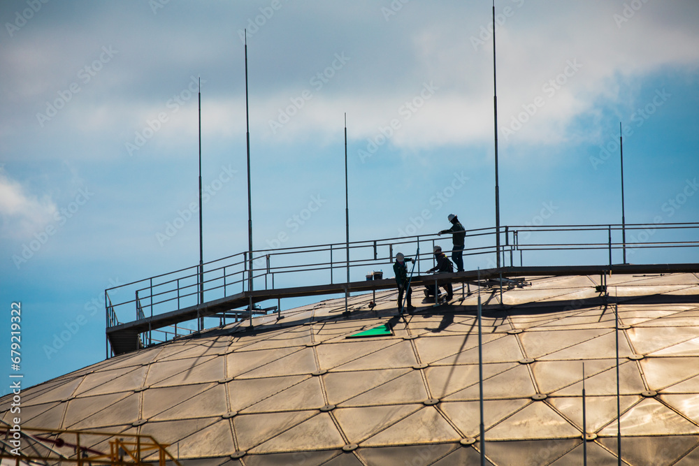 Male workers rope access height safety connecting with eight knots ...