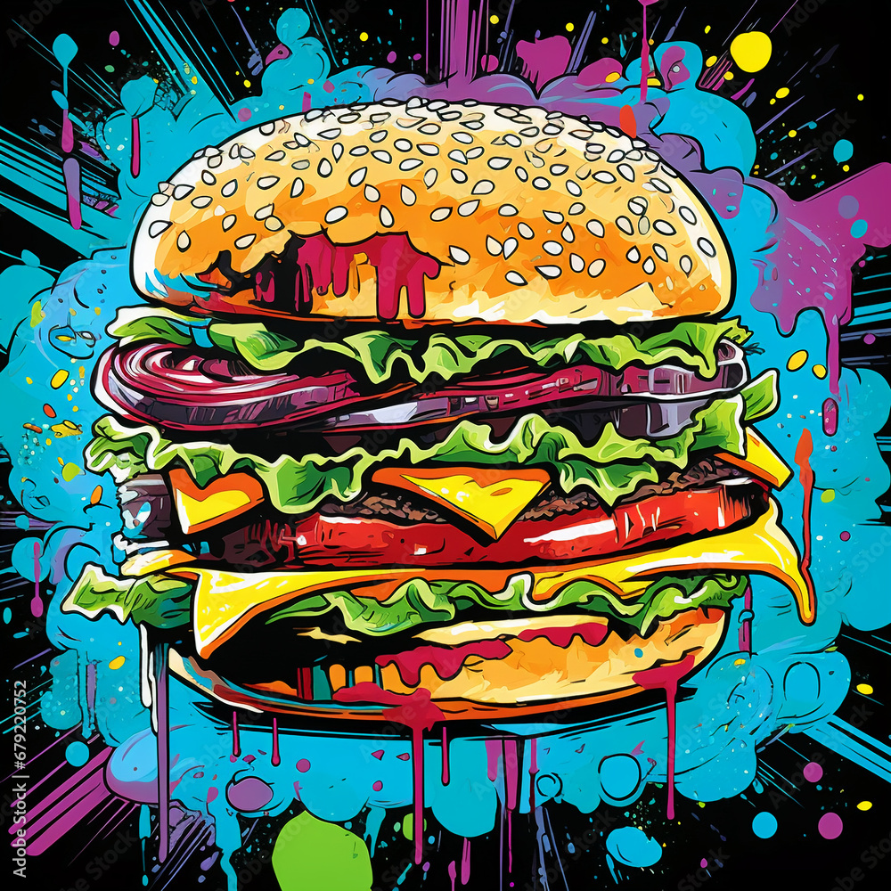 vibrant pop art hamburger executed in rich colors with dripping paint ...