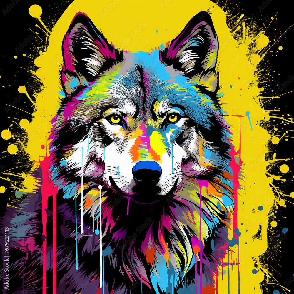vibrant pop art wolf executed in rich colors with dripping paint and ...
