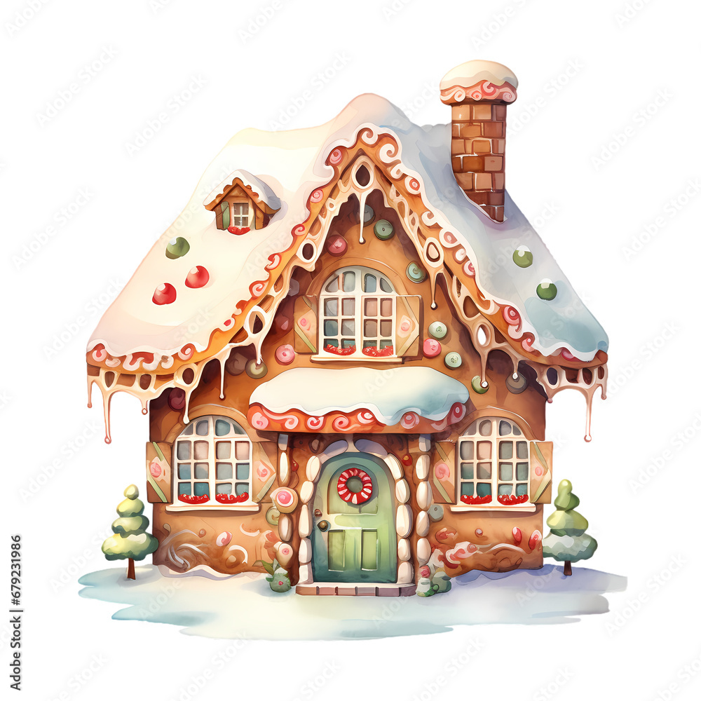 Watercolor gingerbread house on transparent background, white ...