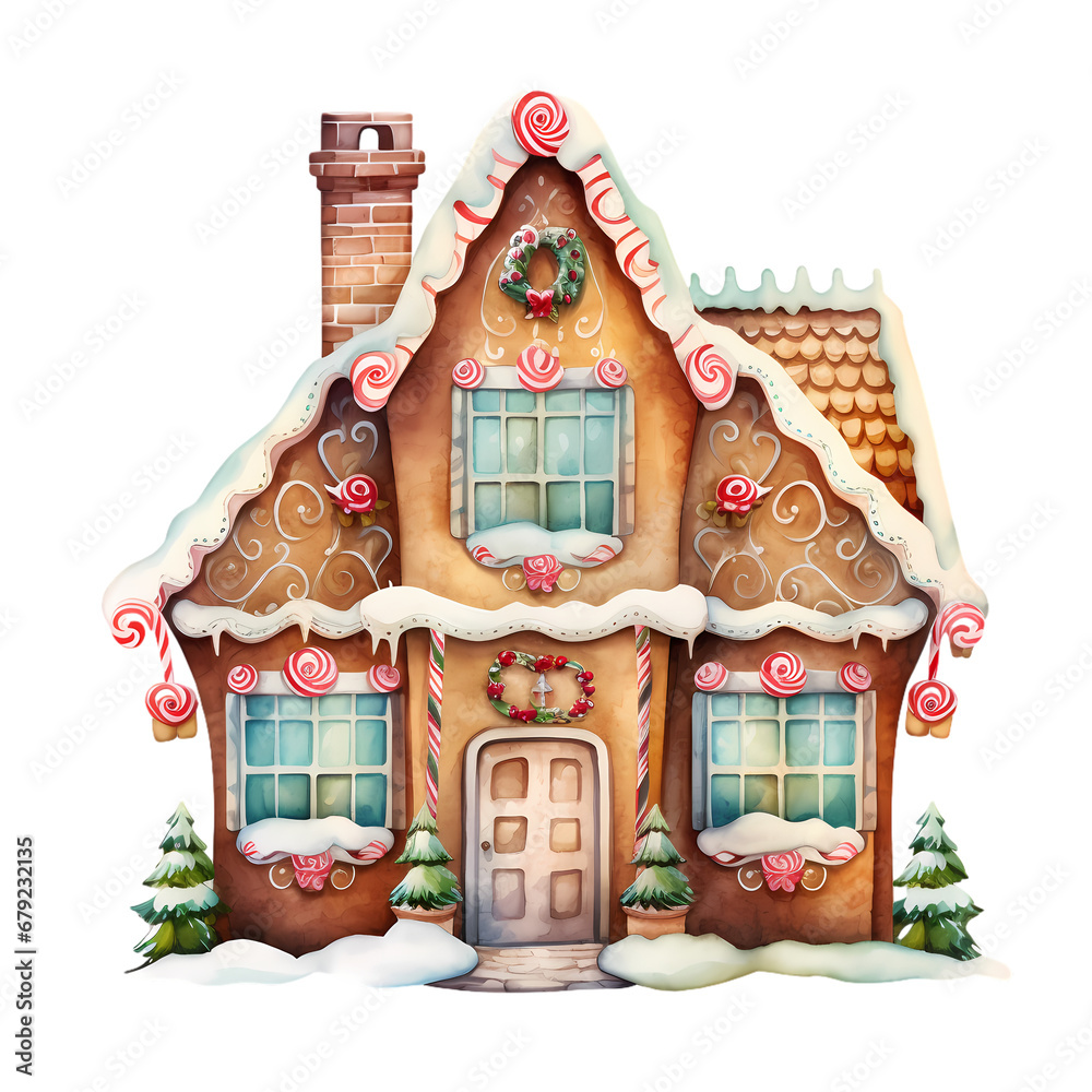 Watercolor gingerbread house on transparent background, white ...