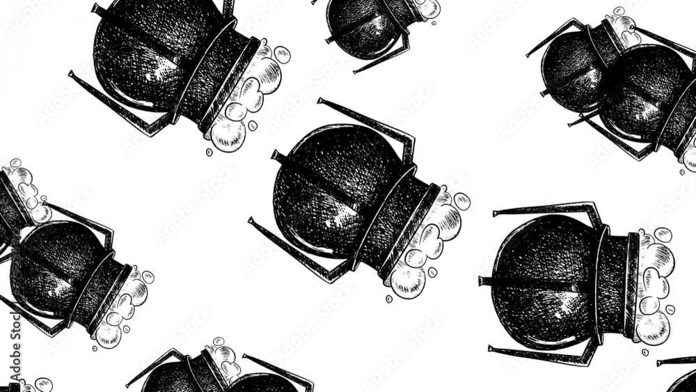 Rotating steaming cauldrons on a white screen. Looped background with ...