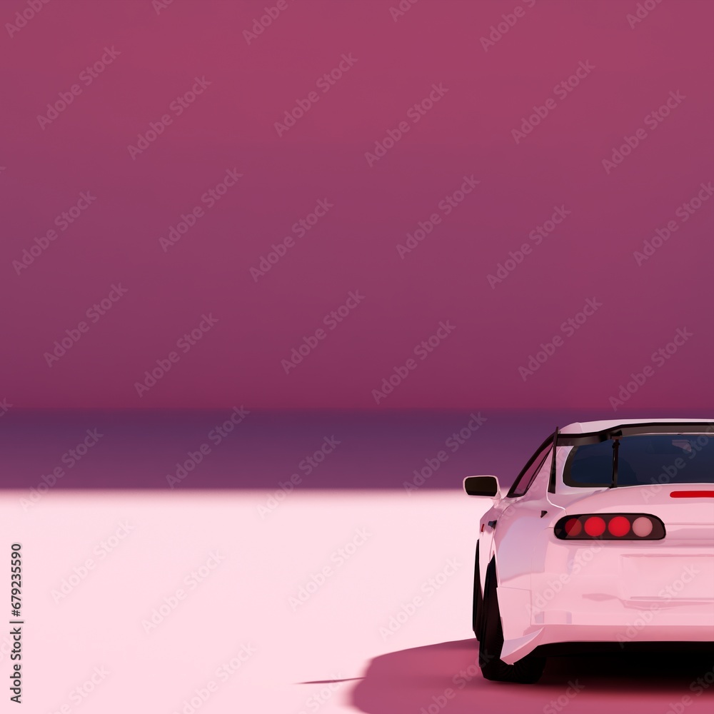 4K Square rear view a white metalic supercar with Pink pastel color ...