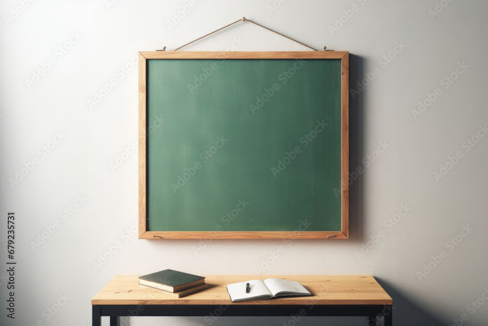 Empty green chalkboard texture hang on the white wall. double frame ...