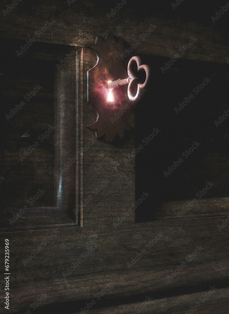 3D rendering of a mysterious wooden and metal lock and key concept art ...