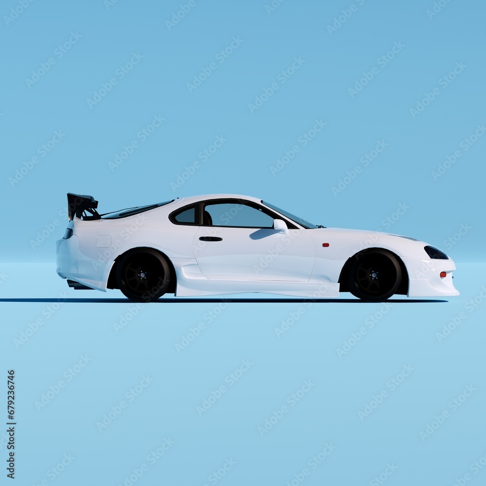 4K Square side view or angle a white metalic supercar with Light Blue ...