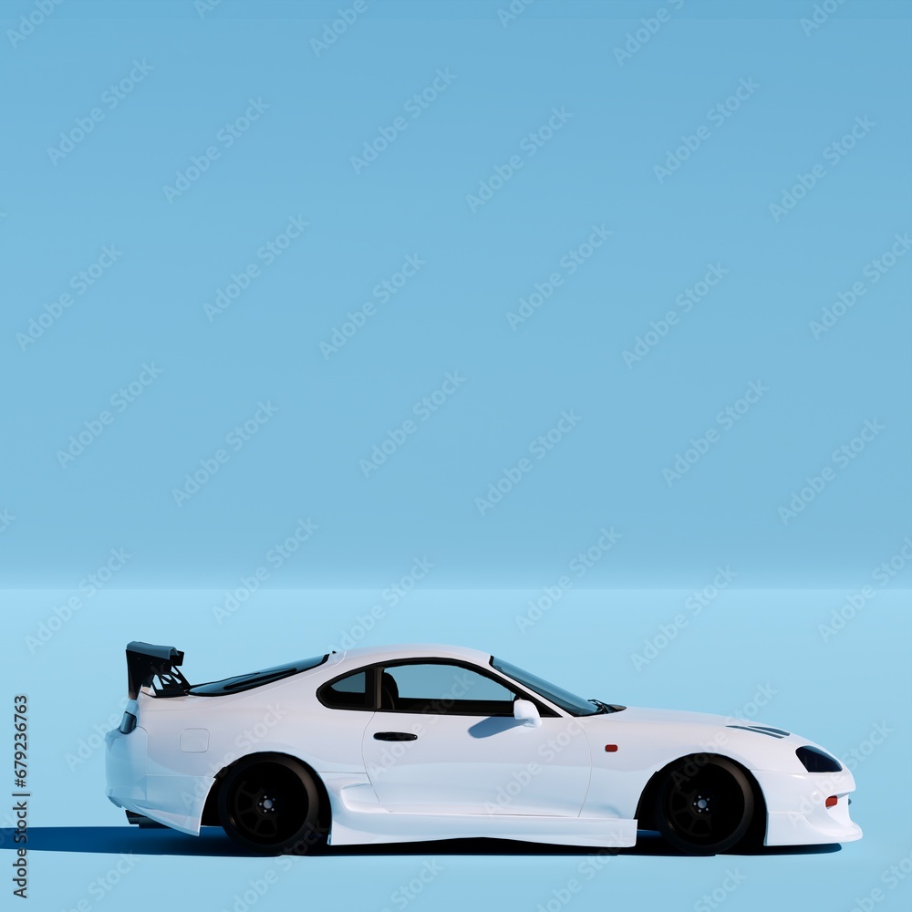 4K Square side view or angle a white metalic supercar with Light Blue ...