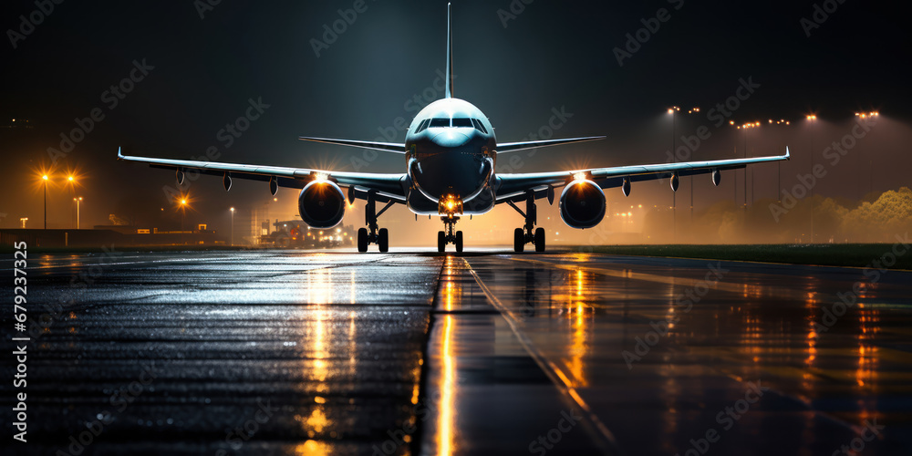 Glow of the runway guides the plane, a beacon in the night directing it ...