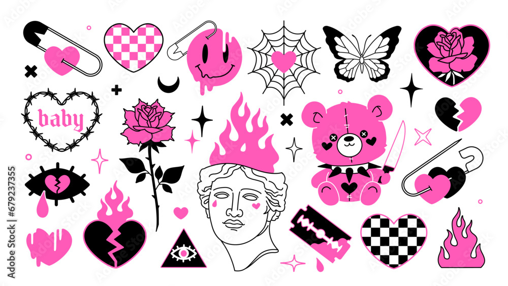 Y2k Tattoo Art in 2000s style. Y2k Emo Girl Stickers in pink and black ...