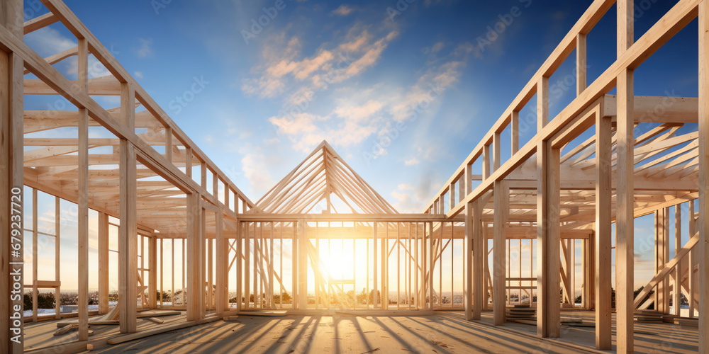 Skeleton of a new house rises, beams and pillars sketching the dream of ...
