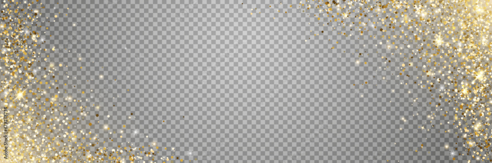 Gold glitter light border. Christmas banner. Holiday magic star effect frame. Golden flying ...