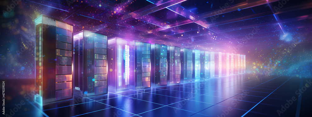 An abstract image of an advanced data center with rows of servers and ...