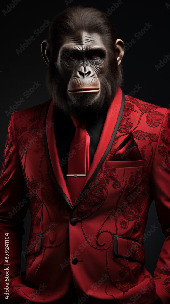 Monkey dressed in a classy red suit, standing as a successful leader ...