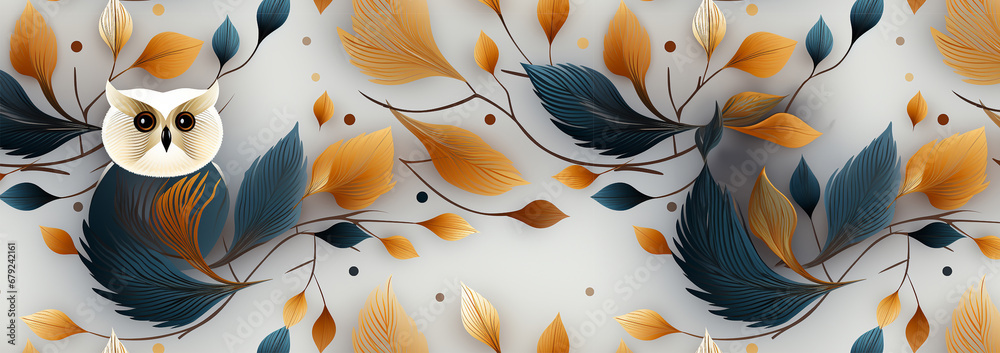 Cute owl pattern gold lines. Seamless pattern with tree branches and ...