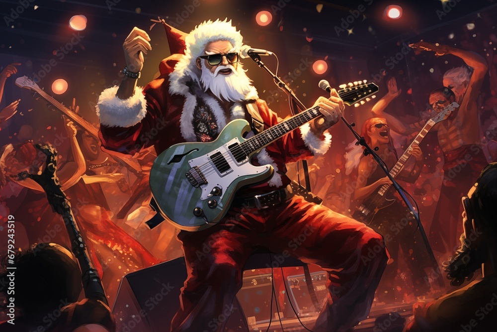 Santa as a rockstar, leading an elf band in a musical extravaganza at ...