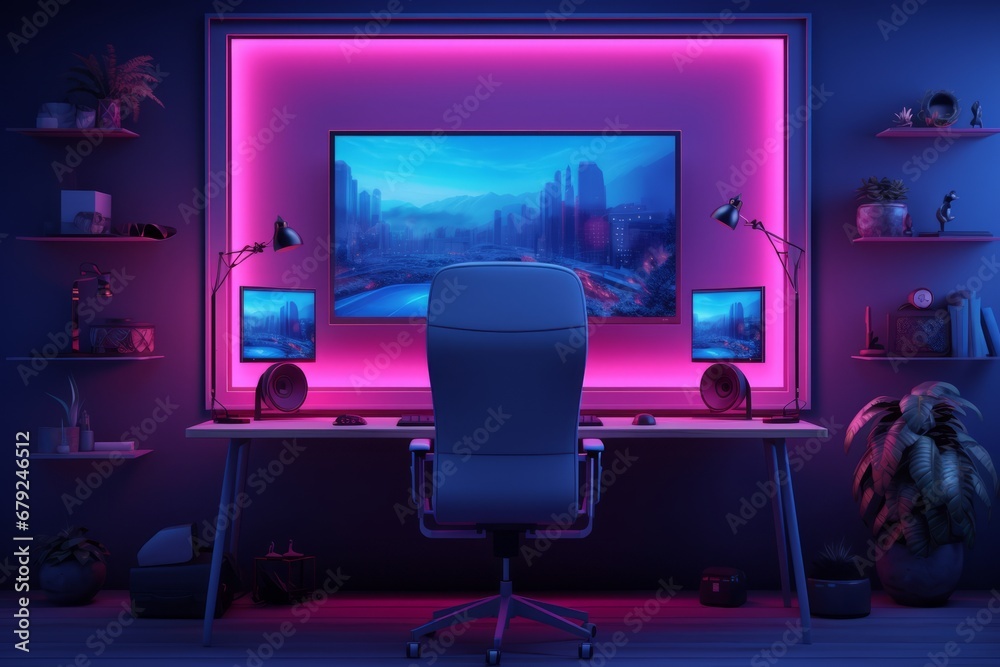 Interior of a live streaming gamer room with cyberpunk pink and blue ...