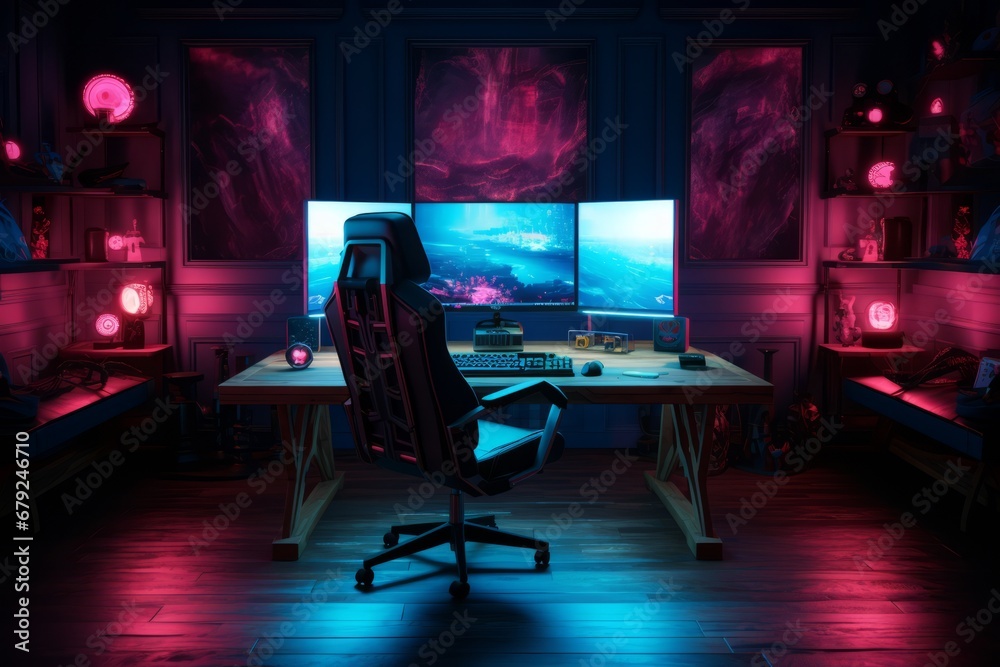 Interior of a live streaming gamer room with cyberpunk pink and blue ...