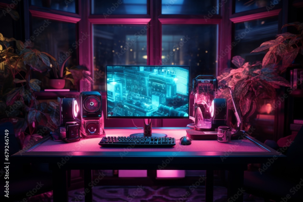 Interior of a live streaming gamer room with cyberpunk pink and blue ...