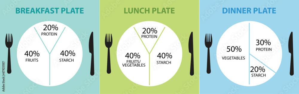 Healthy eating plate diagram. Breakfast, lunch and dinner Stock Vector ...