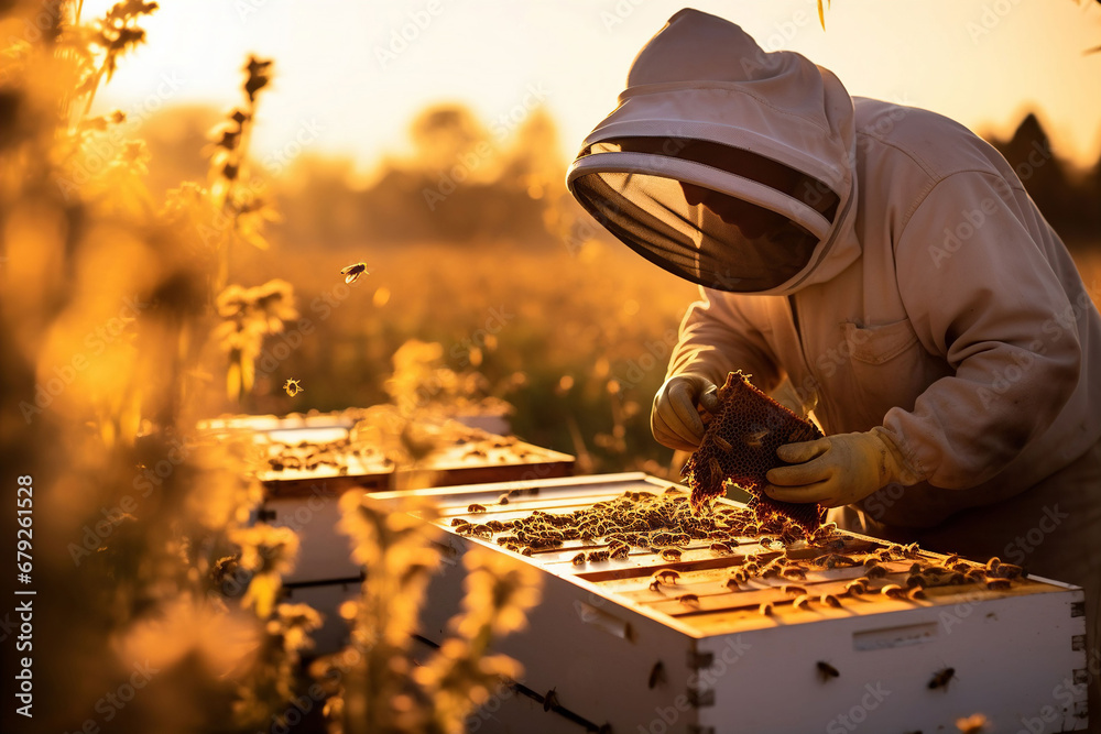 beekeeper working with bees in at sunset,beekeeper harvesting honey ...