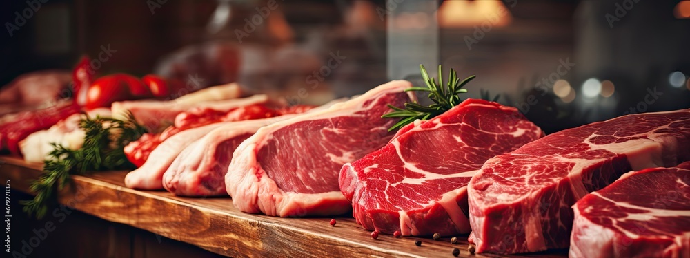 meat cuts selection displayed in wooden ray at a butcher Stock Photo ...