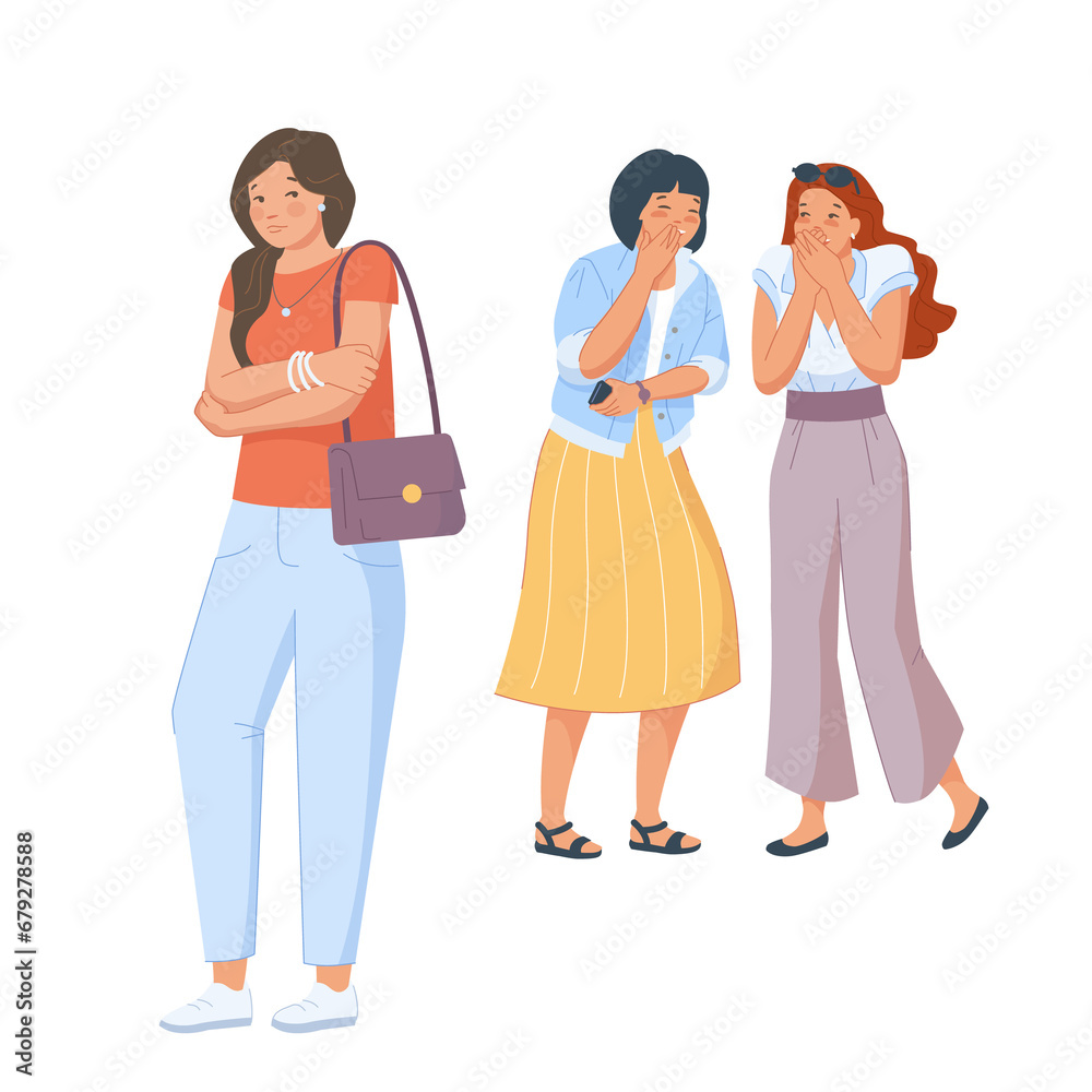 Giggle behind. Woman gossiping and laughing at girl, gossip rumors ...