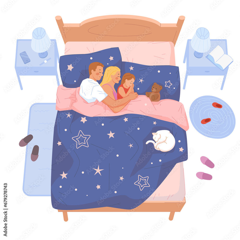 Family sleeping together. Sleep baby mother father in bed, asleep mom ...