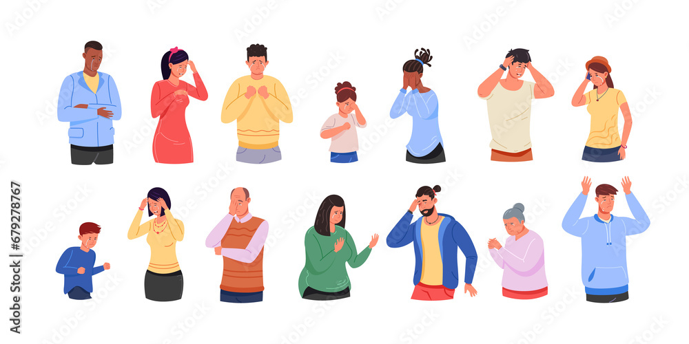 Sad people weeping. Upset man woman crying girl in despair face ...