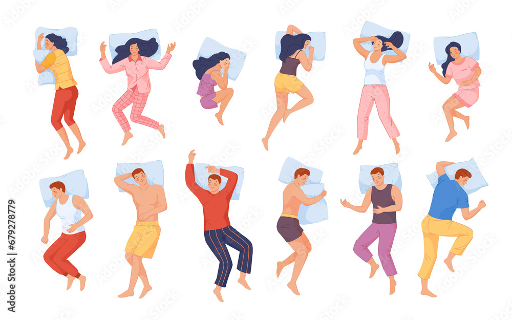 People sleeping poses. Woman man sleep position in bed, person posture ...