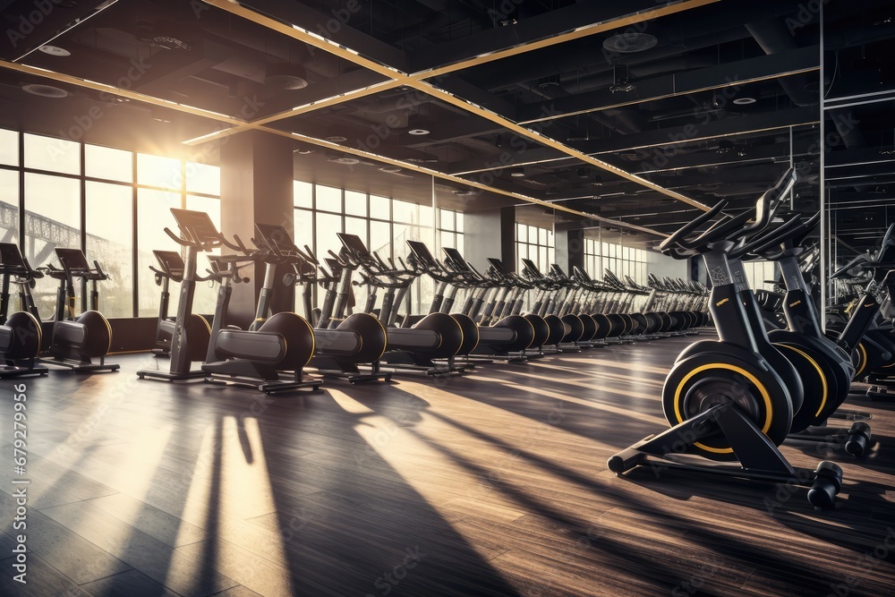 Modern gym interior with rows of treadmills. 3d rendering, rows of ...