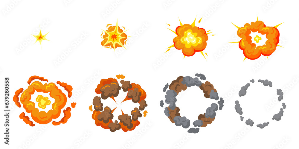 Explosion animation. Cartoon explosive smoke, sprite frame for game ...