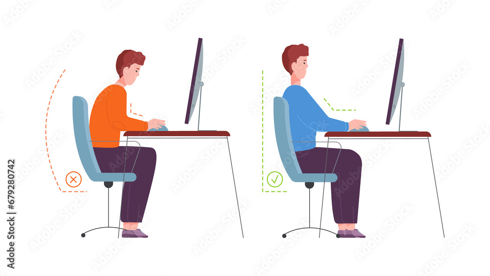 Correct posture computer. Ergonomic seat office workstation, character ...