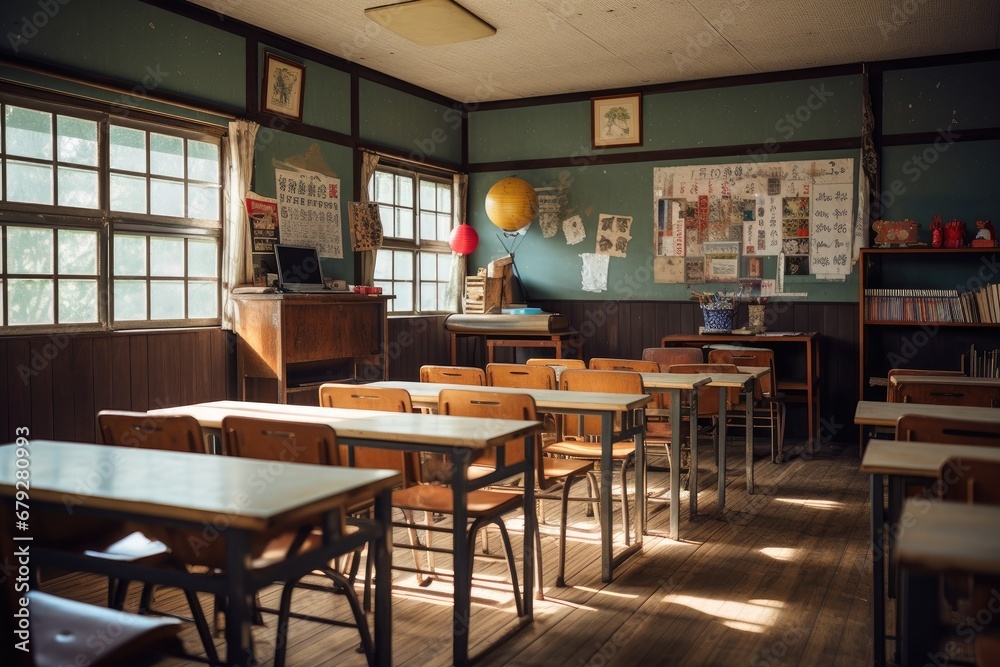 Vintage interior of an old school classroom with tables and chairs ...
