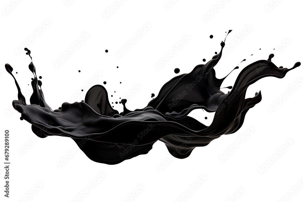 Abstract black ink liquid splashing, drops, brush strokes, stain grunge ...