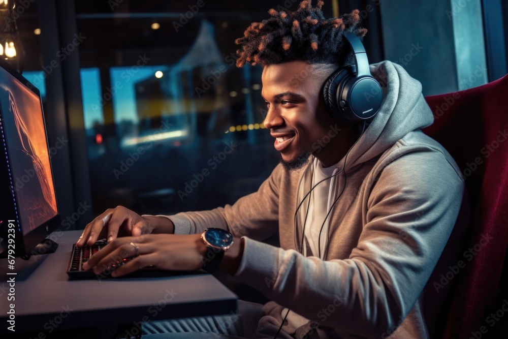 Happy professional male gamer playing video games on personal computer ...