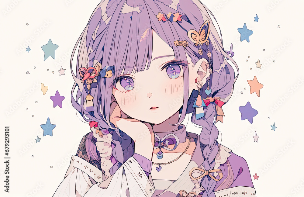 Beautiful Cute Anime Girl With Purple Hair On Beige Background. Сoncept ...