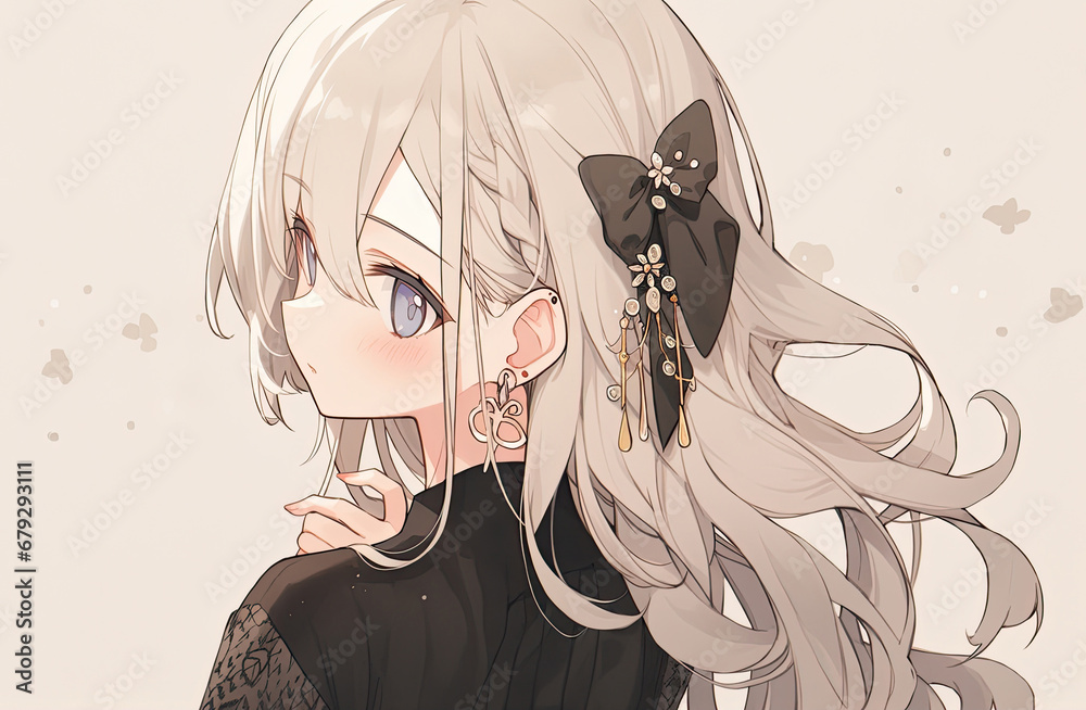 Beautiful Cute Anime Girl With Silver Hair On Beige Background. Сoncept ...