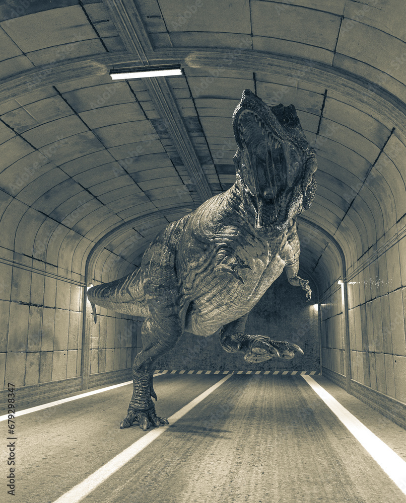 tyrannosaurus rex is under attack on the road inside the tunnel Stock ...