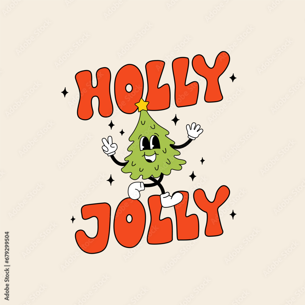 Holly jolly quote and retro character mascot vector illustration ...