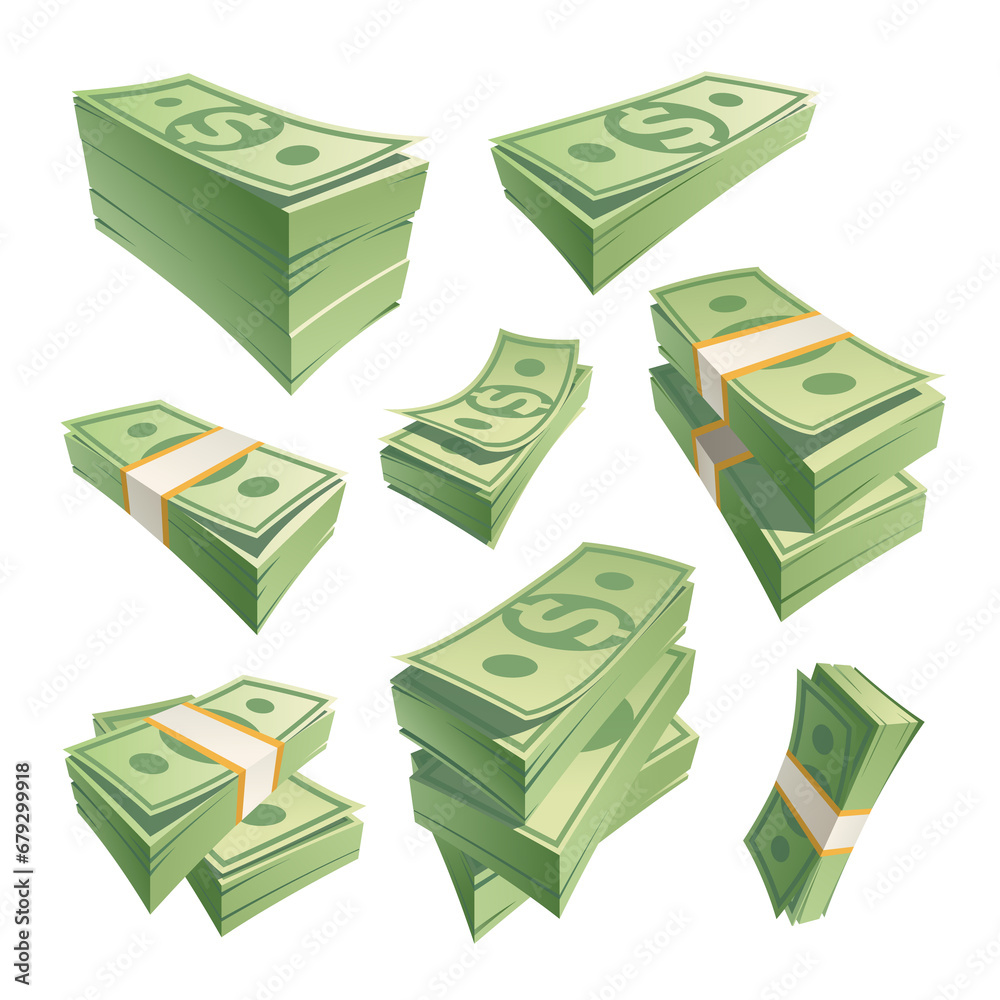Cartoon stack banknotes. Stacks cash green money, dollar bills ...