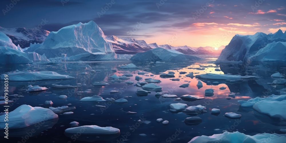 Foto de Melting Glaciers Cause Rising Sea Levels Digital Art. Сoncept ...