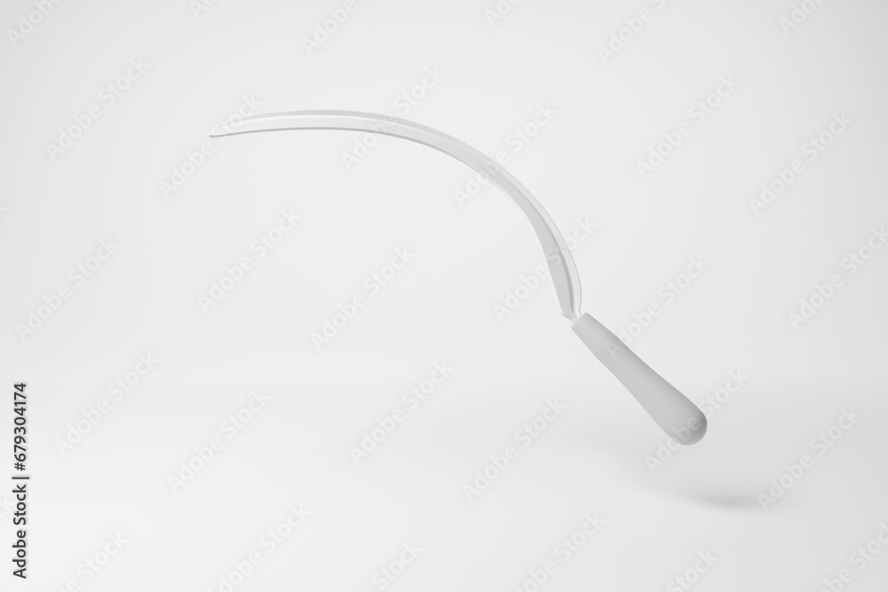 White sickle scythe floating in mid air on white background in ...